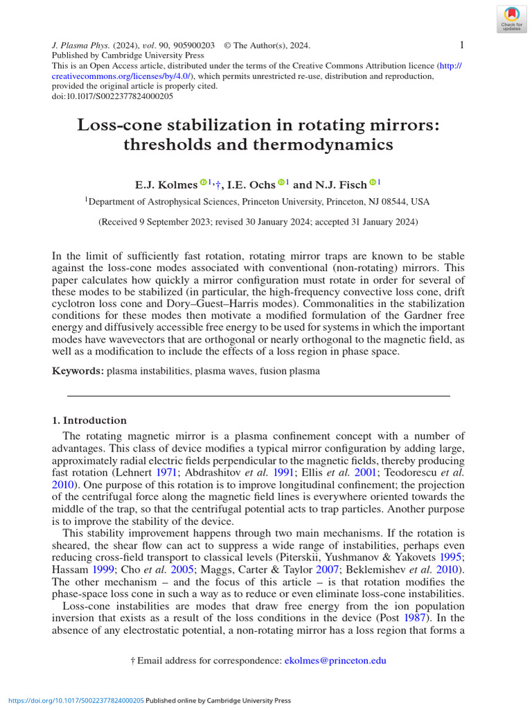 Loss-Cone Stabilization in Rotating Mirrors | PDF | Plasma (Physics ...