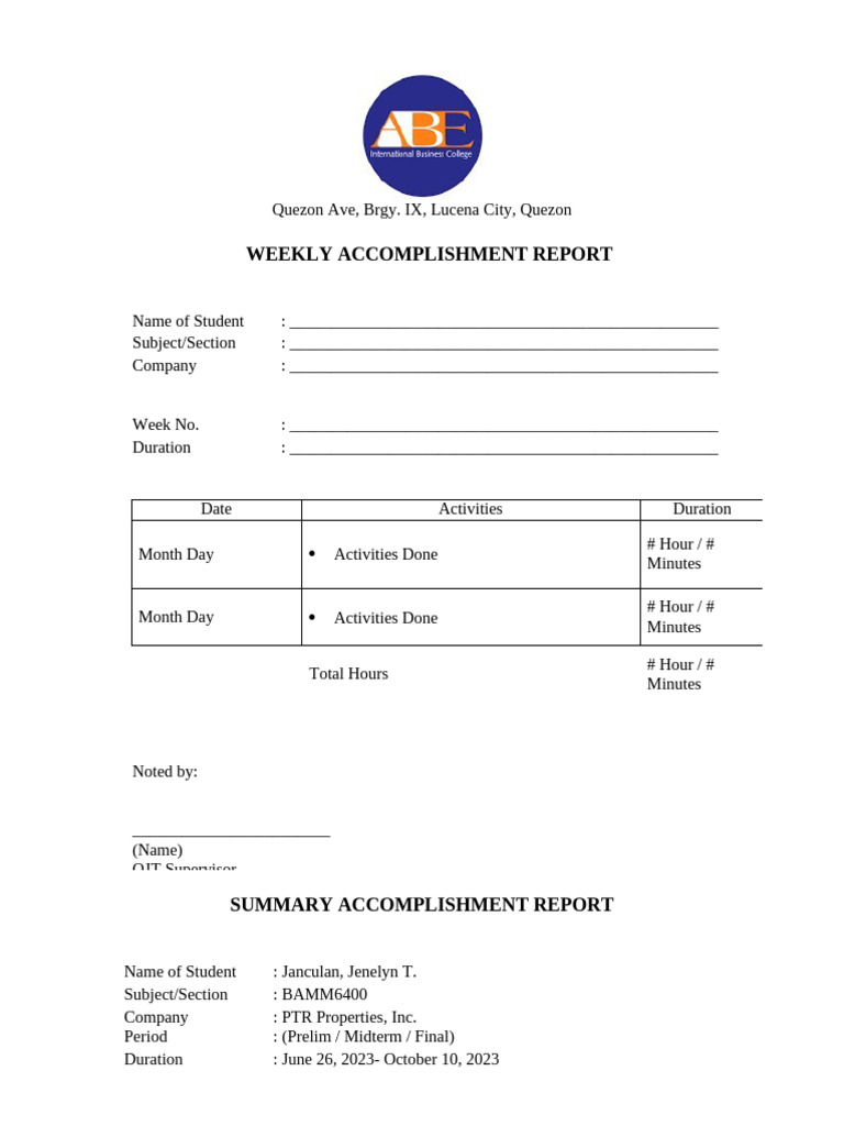 Weekly OJT Accomplishment Report | PDF | Business | Human Communication