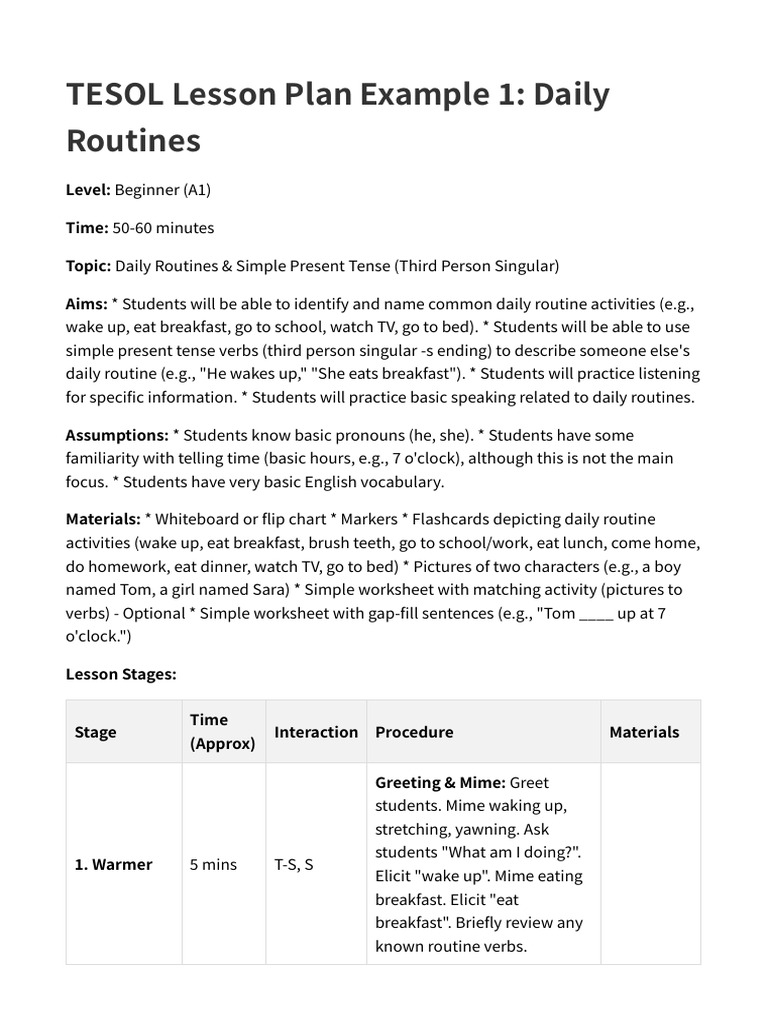 TESOL Lesson Plan Example 1 - Daily Routines | PDF | Linguistics | Syntax