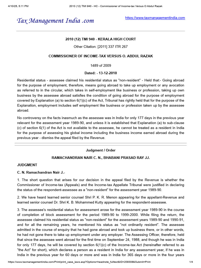 Kerala HC Ruling on Non-Resident Status | PDF | Self Employment | Small ...