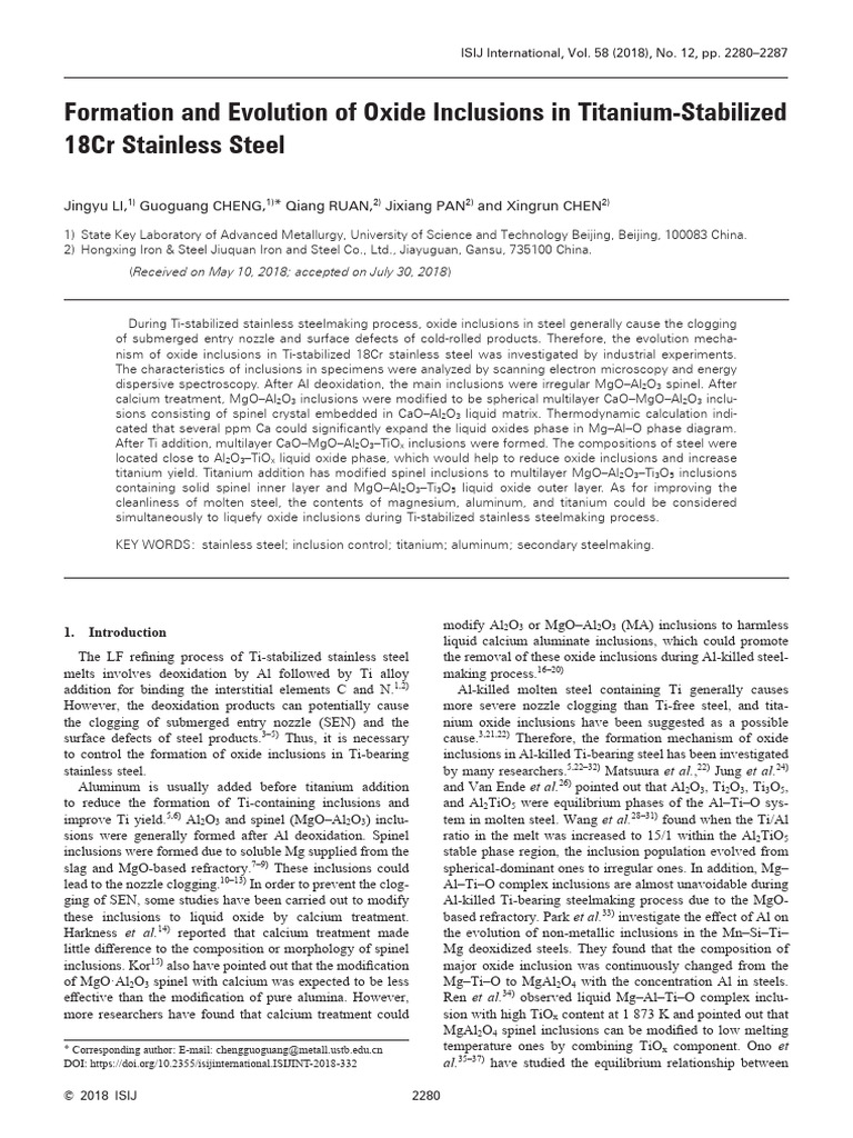 Formation and Evolution of Oxide Inclusions in Ti-Stabilized 18Cr ...
