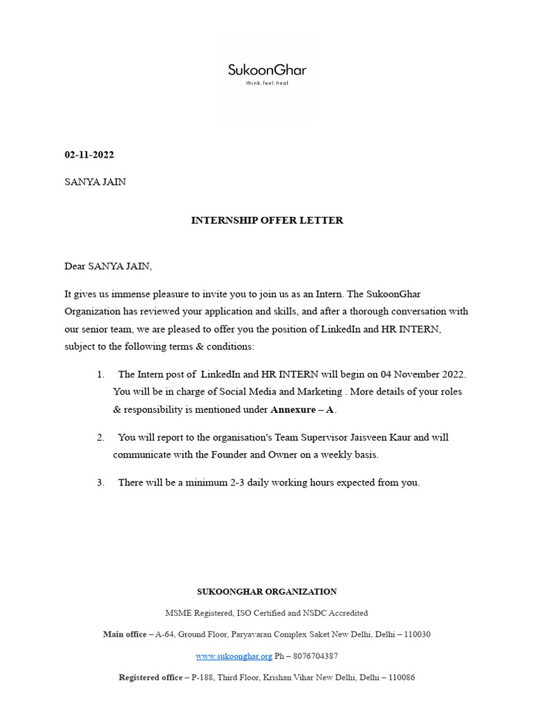 Internship Contract - Sanya Jain | PDF