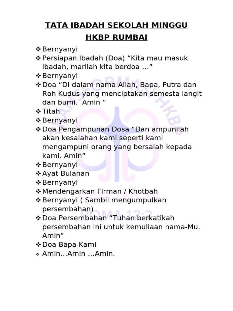 Tata Ibadah Sekolah Minggu HKBP Rumbai | PDF
