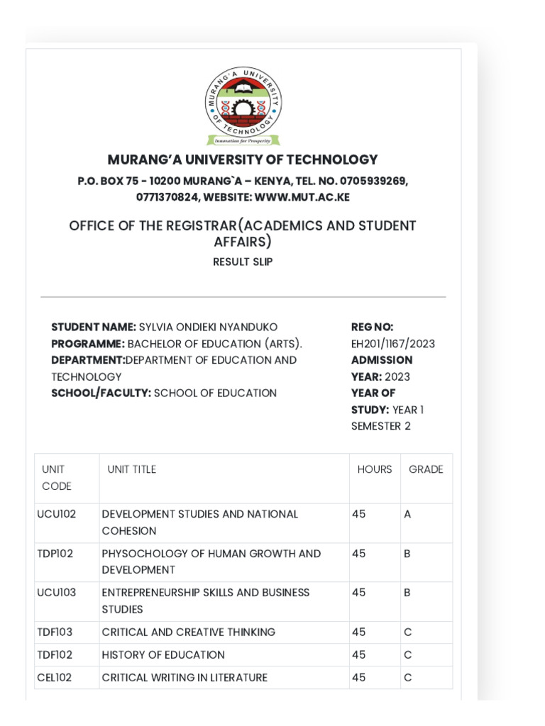 Murang'a University Result Slip 2023 | PDF | Linguistics | Human Voice