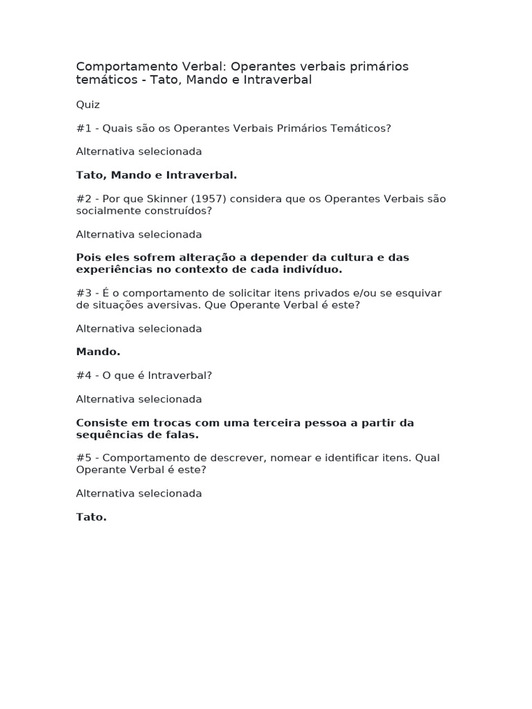 Quiz - Comportamento Verbal Operantes Verbais Primários Temáticos Tato ...
