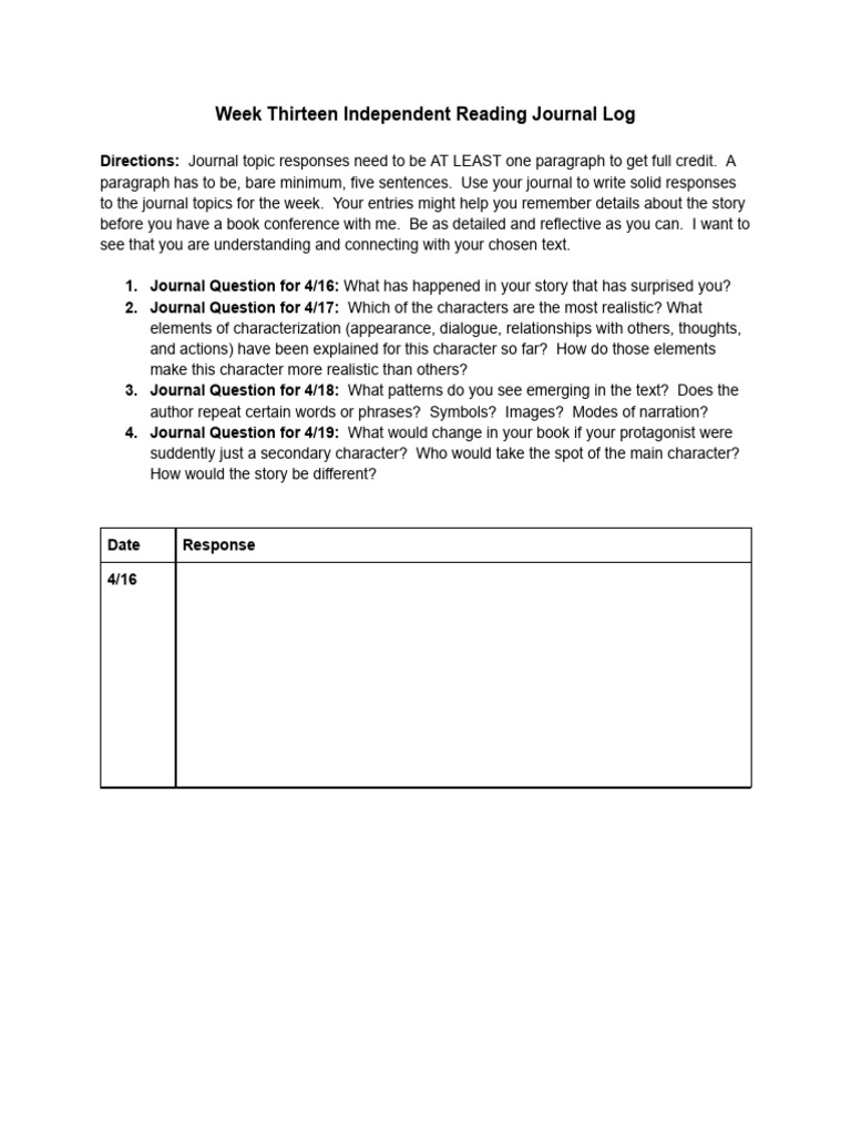 Weekly Reading Journal Prompts | PDF