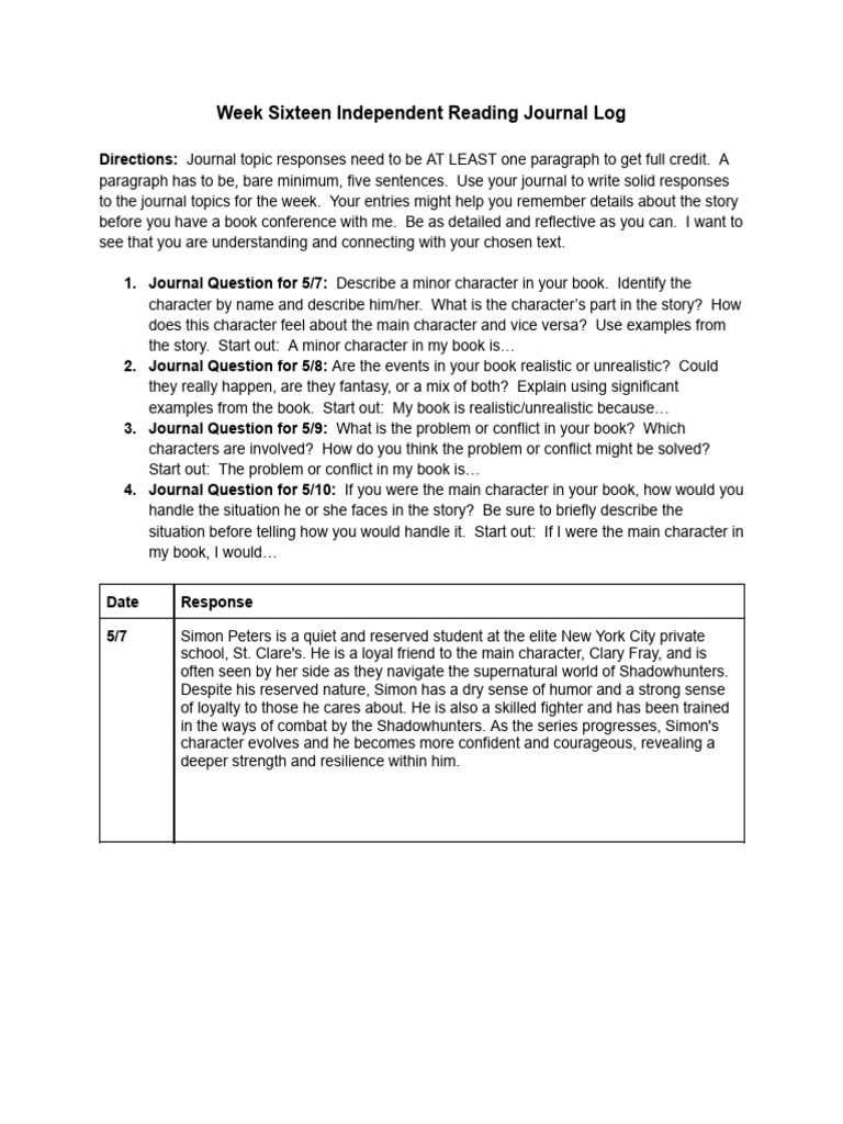 Joel Repp - Week Sixteen Independent Reading Journal Log - S2 | PDF