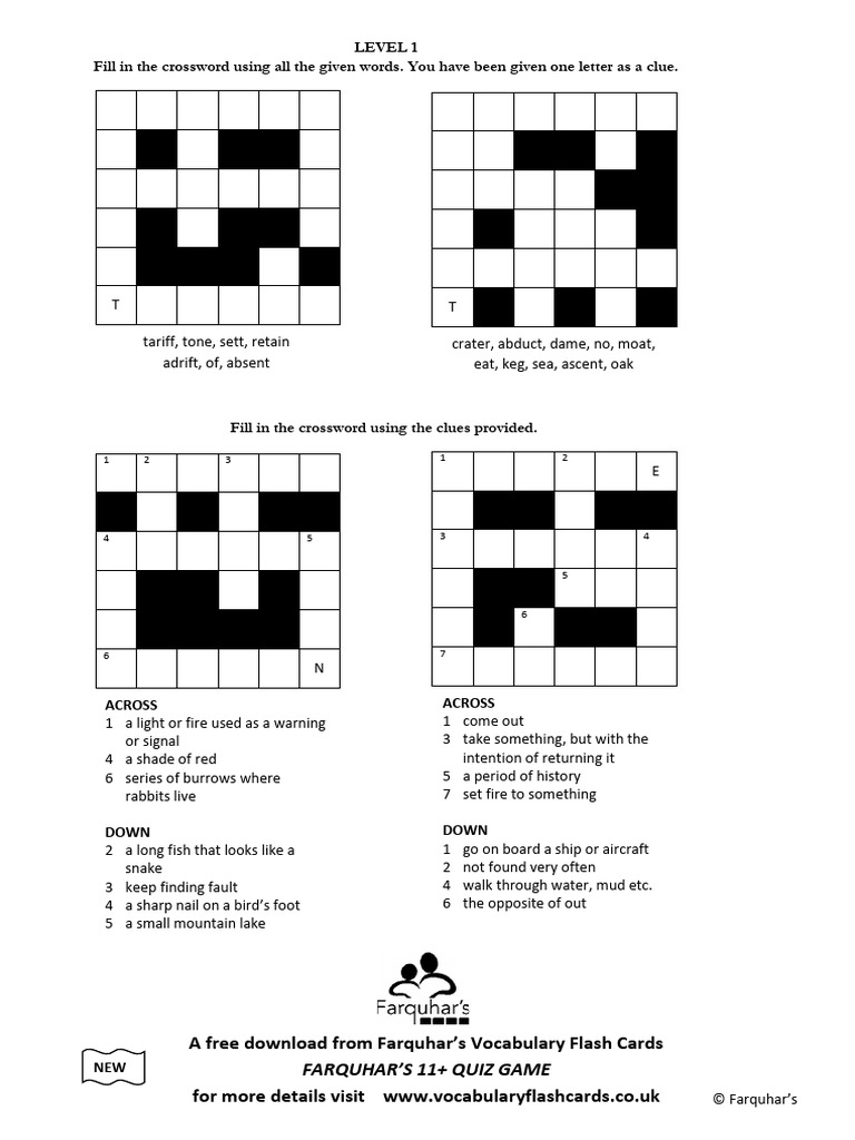 Crossword Puzzle Level 1 Answers | PDF | Crossword | Word Puzzles