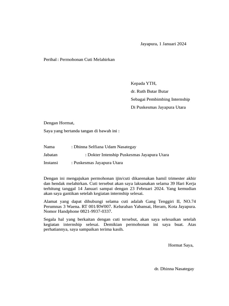 Surat Permohonan Cuti Internship | PDF