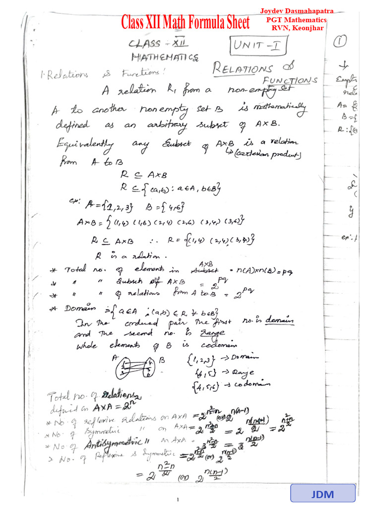 Class XII Math Formula Sheet | PDF