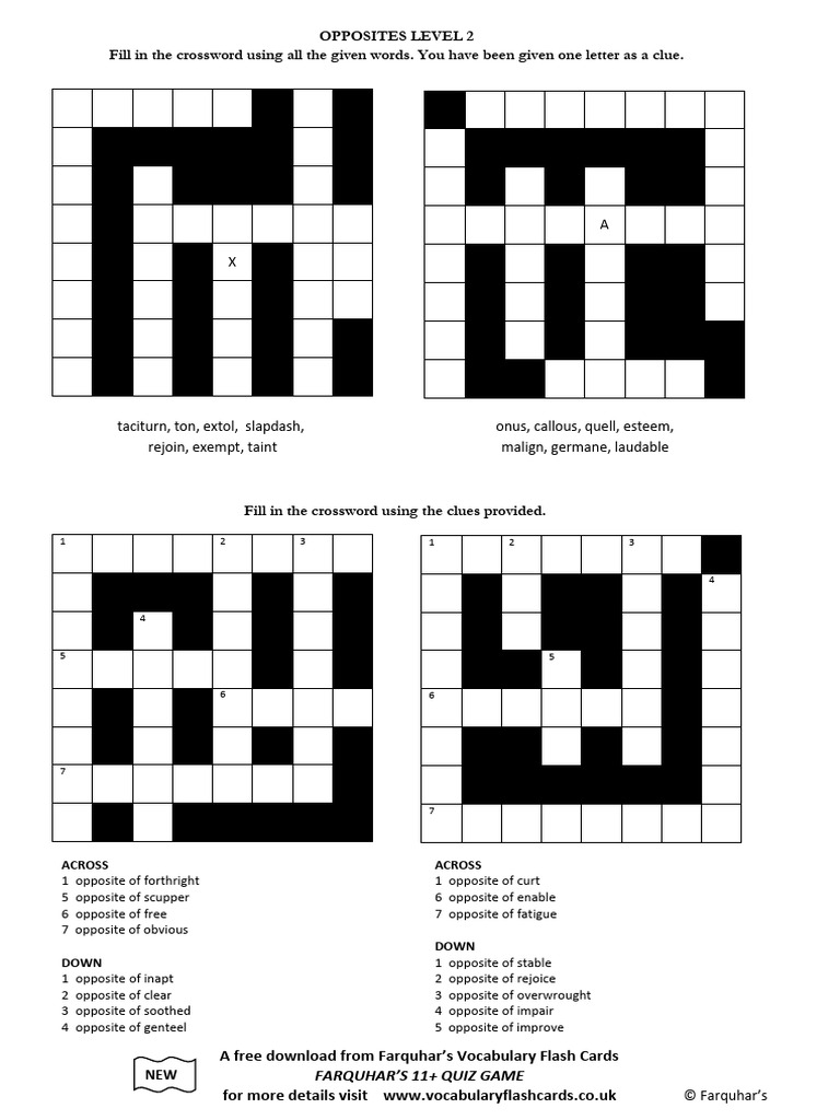 Crossword Puzzle on Opposites | PDF | Word Puzzles | Puzzles