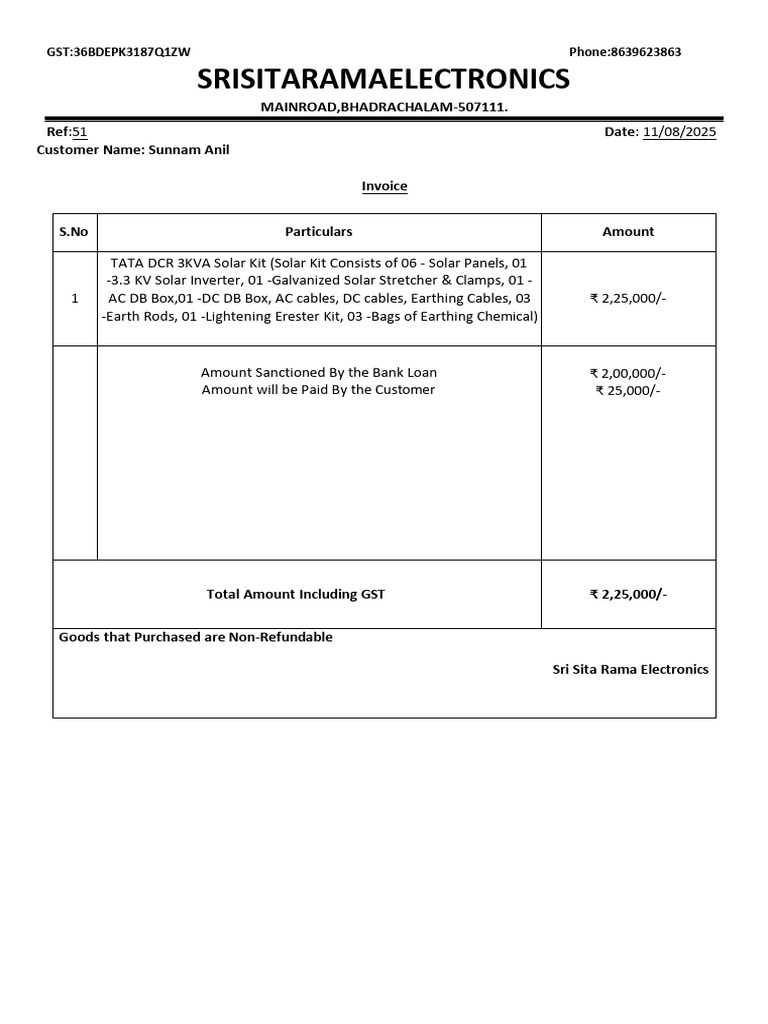 Solar Invoice Sunnam Anil | PDF