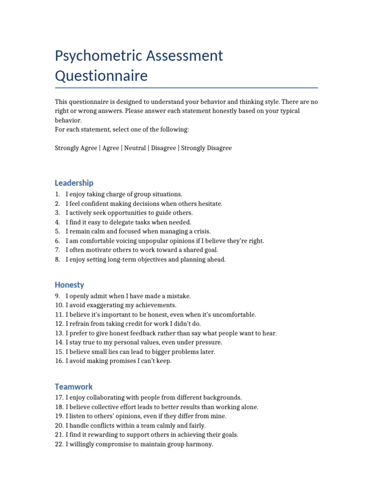 Psychometric Assessment Questionnaire | PDF | Motivation | Motivational
