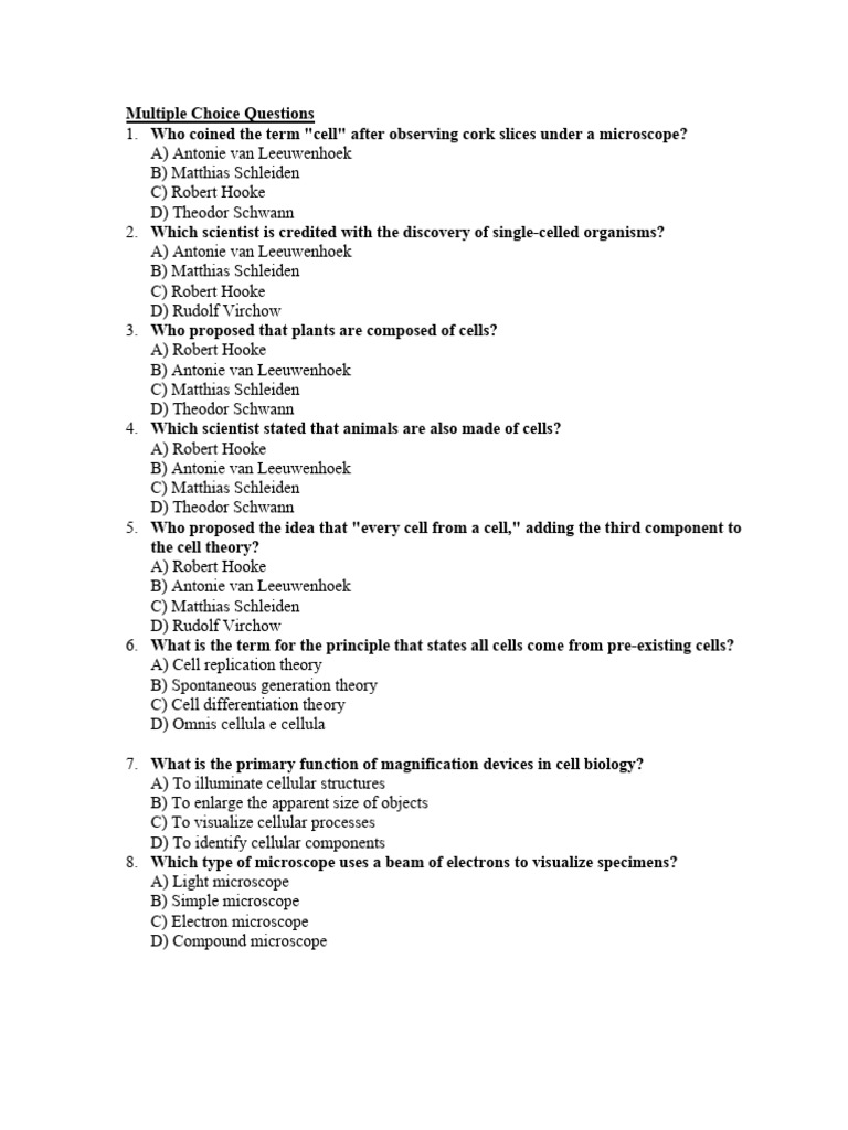 Cell Biology Multiple Choice Questions | PDF | Cell (Biology) | Human Body