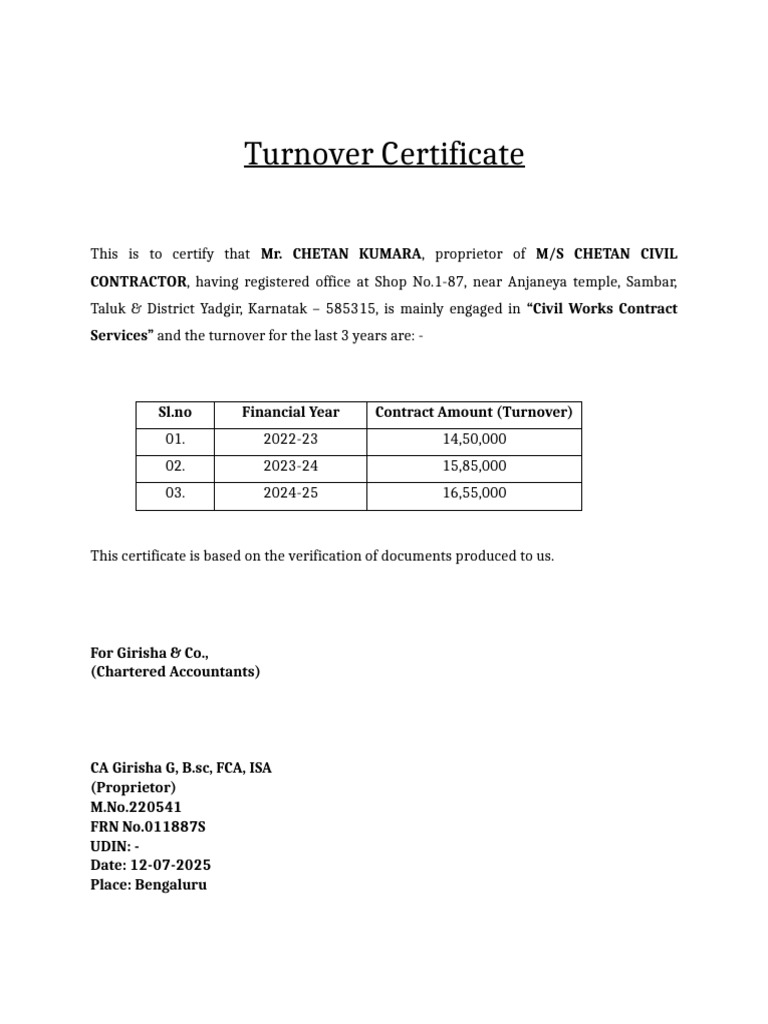 Chetan Kumara - Turnover Certificate | PDF