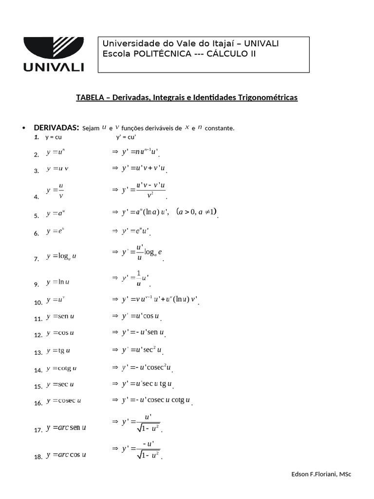 Tabela Derivada Integral 2025 1 | PDF | Cálculo | Analise matemática