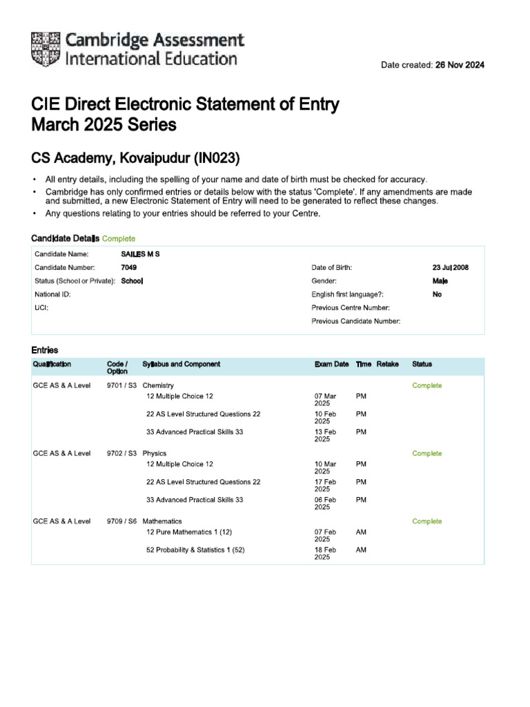 Statement of Entry | PDF