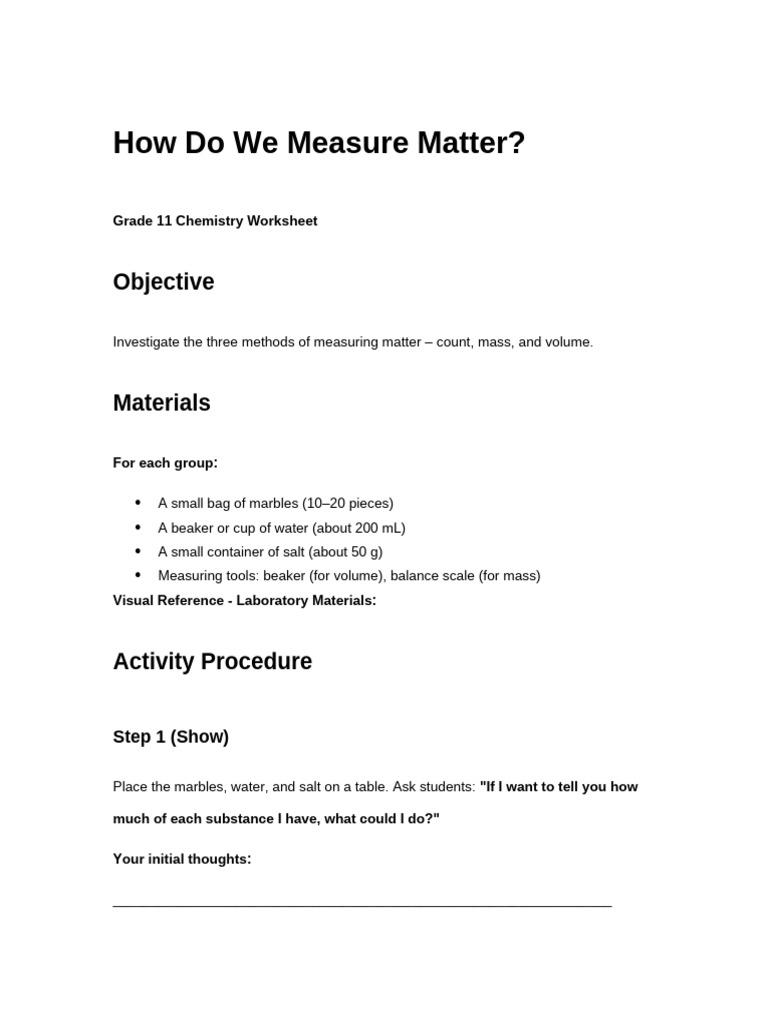 Grade 11 Chemistry Worksheet - How Do We Measure Matter - (Visual ...