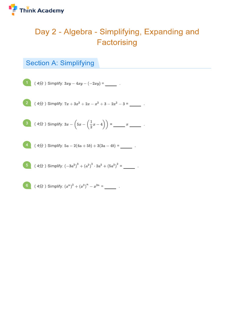 Day 2 - Algebra - Simplifying, Expanding and Factorising | PDF