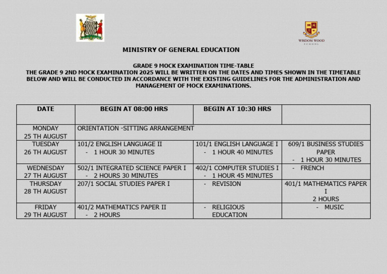 Grade 9 Mock Exam Timetable 2025 | PDF