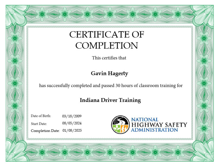 Indiana Driver Ed Completion Certificate | PDF