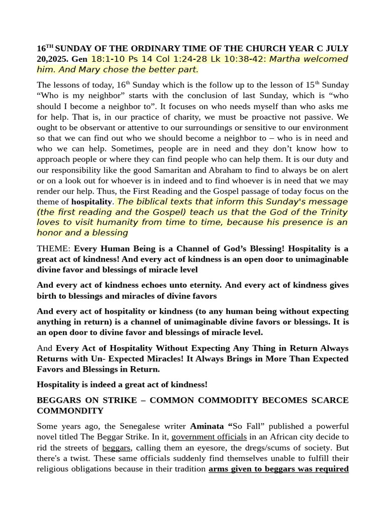 16TH Sunday of The Ordinary Time of The Church Year C July 20 | PDF ...