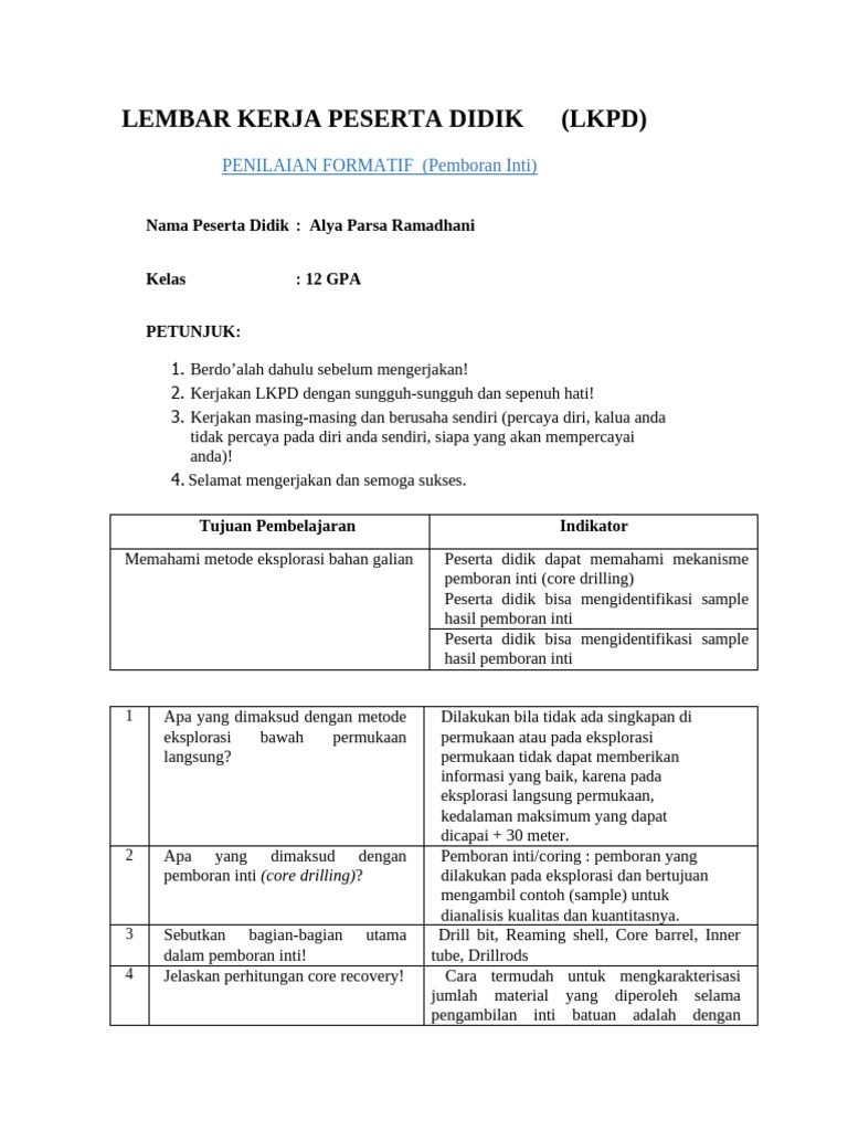 LKPD Pemboran Inti | PDF