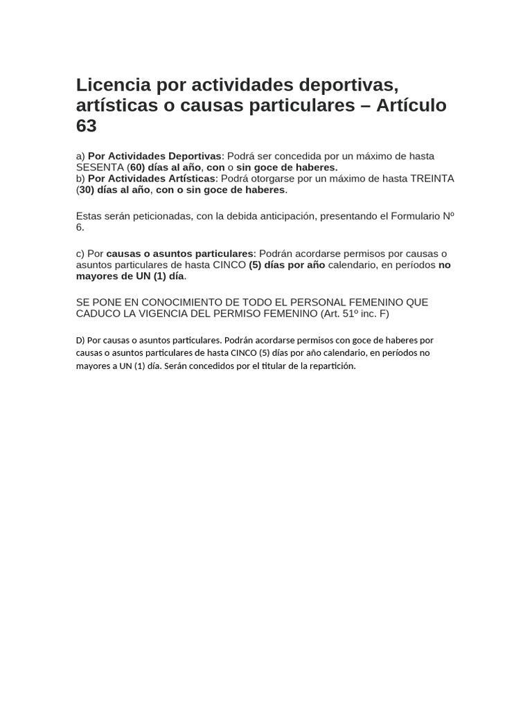Licencia Art. 63 D: Actividades y Permisos | PDF