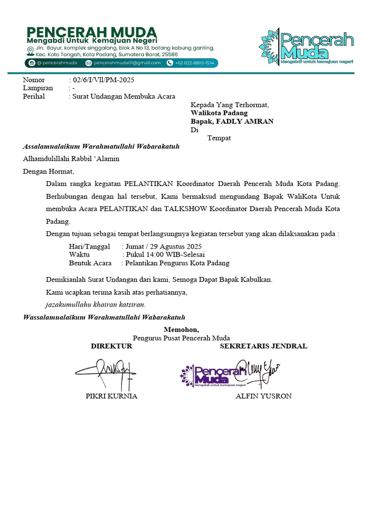 Undangan Pelantikan Pencerah Muda Padang | PDF