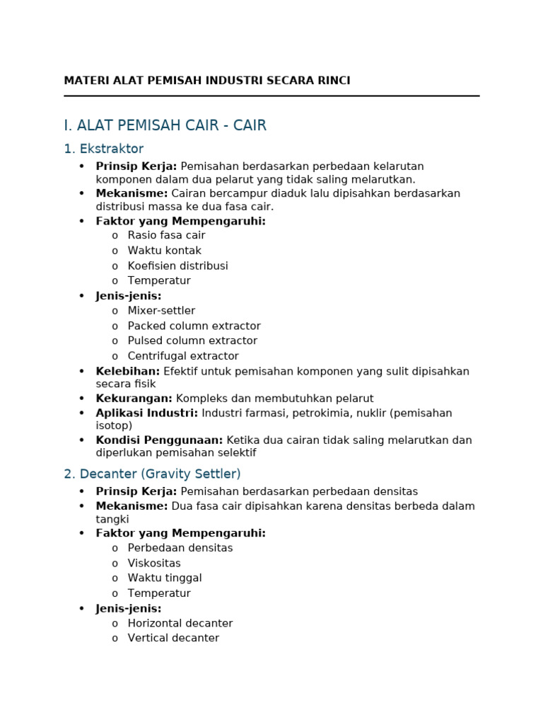 Alat Pemisah Industri: Jenis dan Aplikasi | PDF