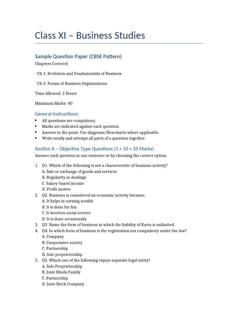 CBSE Business Studies Class XI Sample Paper | PDF | Business | Business ...