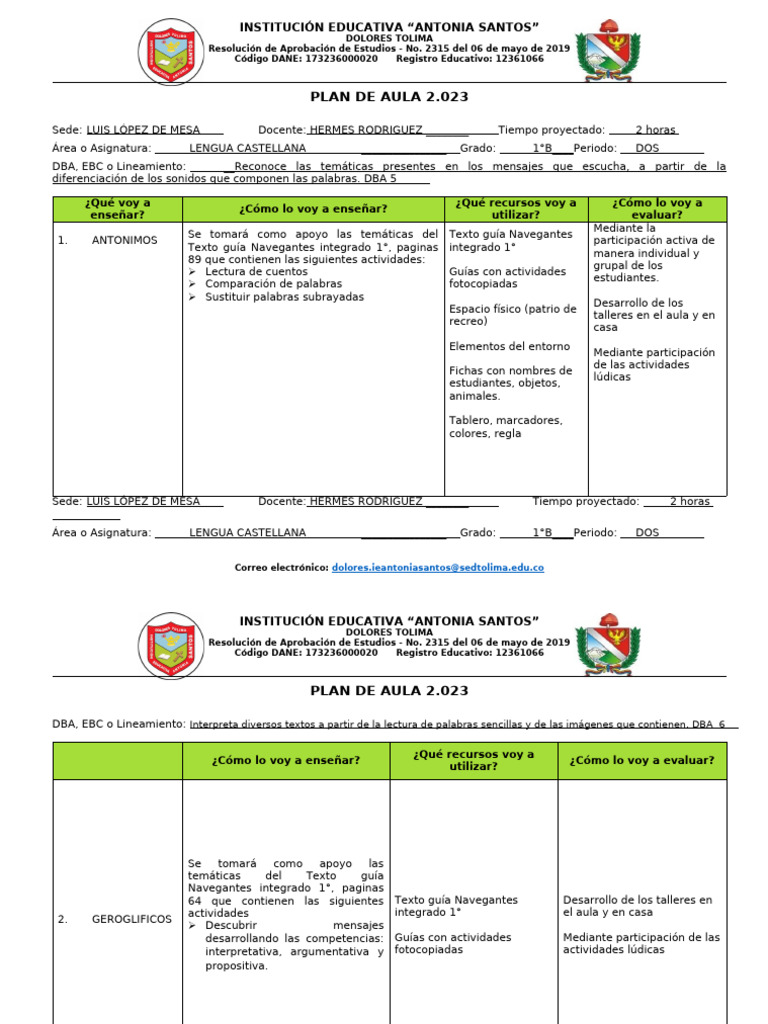 Plan de Aula de Lenguaje Segundo Periodo | PDF | Aprendizaje ...