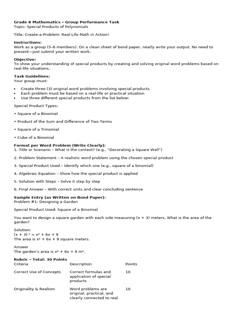 Performance Tasks - Special Products-Factoring | PDF | Factorization ...