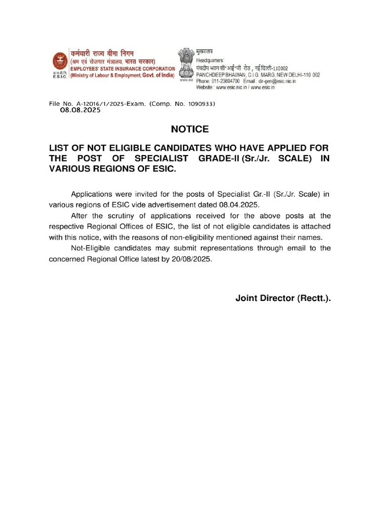 List of Not Eligible Candidates Who Have Applied For The Post of ...