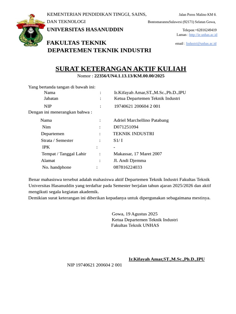 Surat Keterangan Aktif Kuliah Adril | PDF