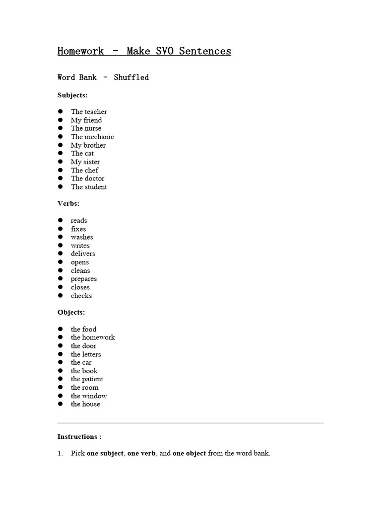 Homework - Make SVO Sentences | PDF