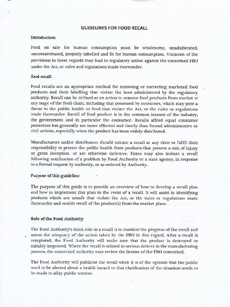 Sample Food Recall Plan and Guidelines | PDF