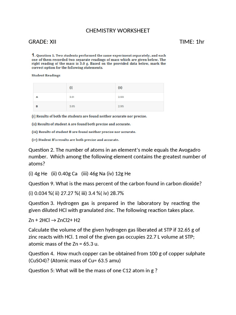 Grade XII Chemistry Worksheet | PDF