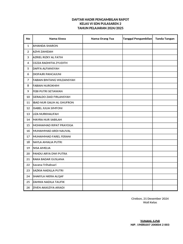 Daftar Pengambilan Rapot Ok | PDF
