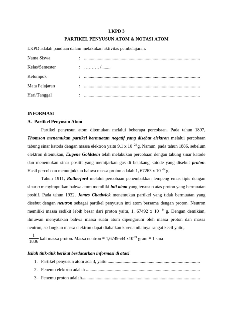 Partikel Penyusun Atom dan Notasi Atom | PDF