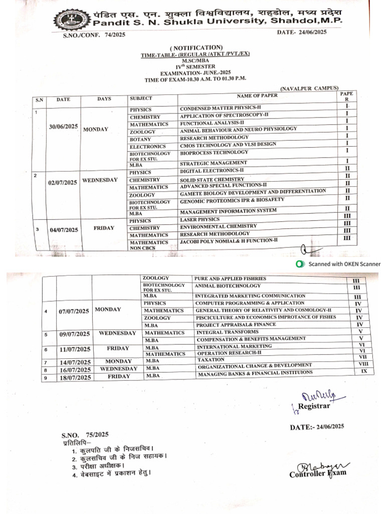 MSC, MBA 4TH SEM Time Table | PDF