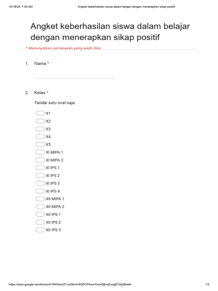 Angket keberhasilan siswa dalam belajar dengan menerapkan sikap positif ...