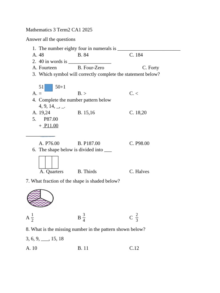 Mathematics 3 Term2 CA1 2025 | PDF | Mathematics