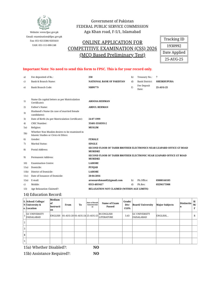 Competitive Examination (CSS) MPT - 2026 | PDF | Pakistan