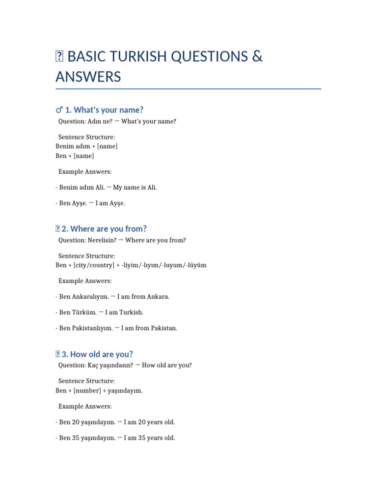 Turkish Basic Questions | PDF