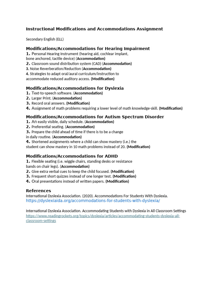 Instructional Modifications and Accommodations Assignment | PDF