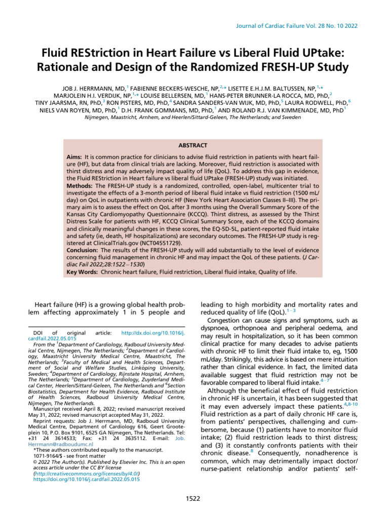 Fluid Restriction vs. Liberal Intake in HF | PDF | Heart Failure ...