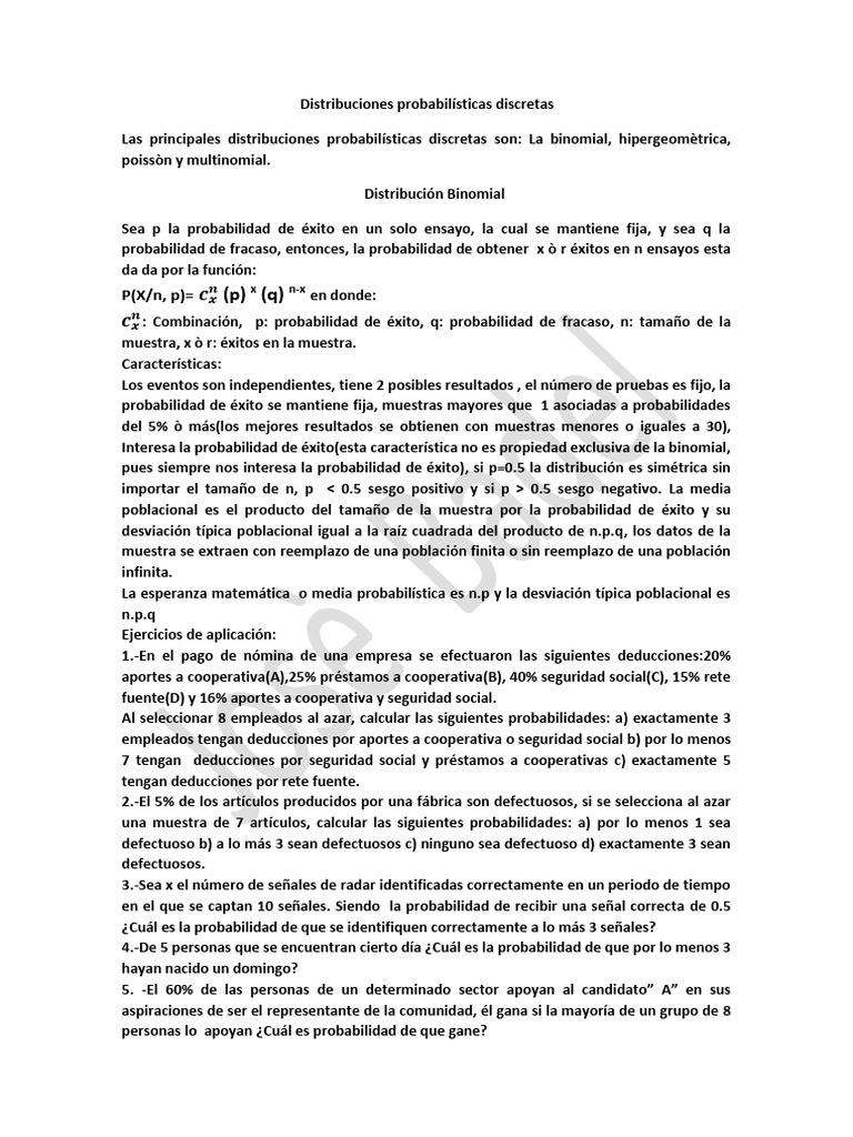 Dist. Prob. Probabilisticas Discretas 2 Estadística Inferencial | PDF | Probabilidad | Muestreo ...