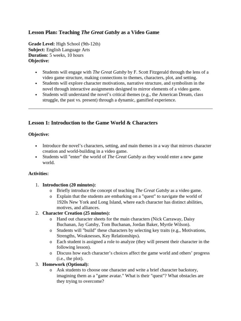 Gamifying The Great Gatsby Lesson Plan | PDF | The Great Gatsby