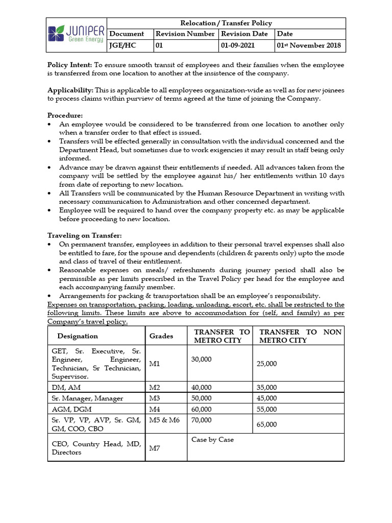 Employee Relocation Transfer Policy Guide | PDF